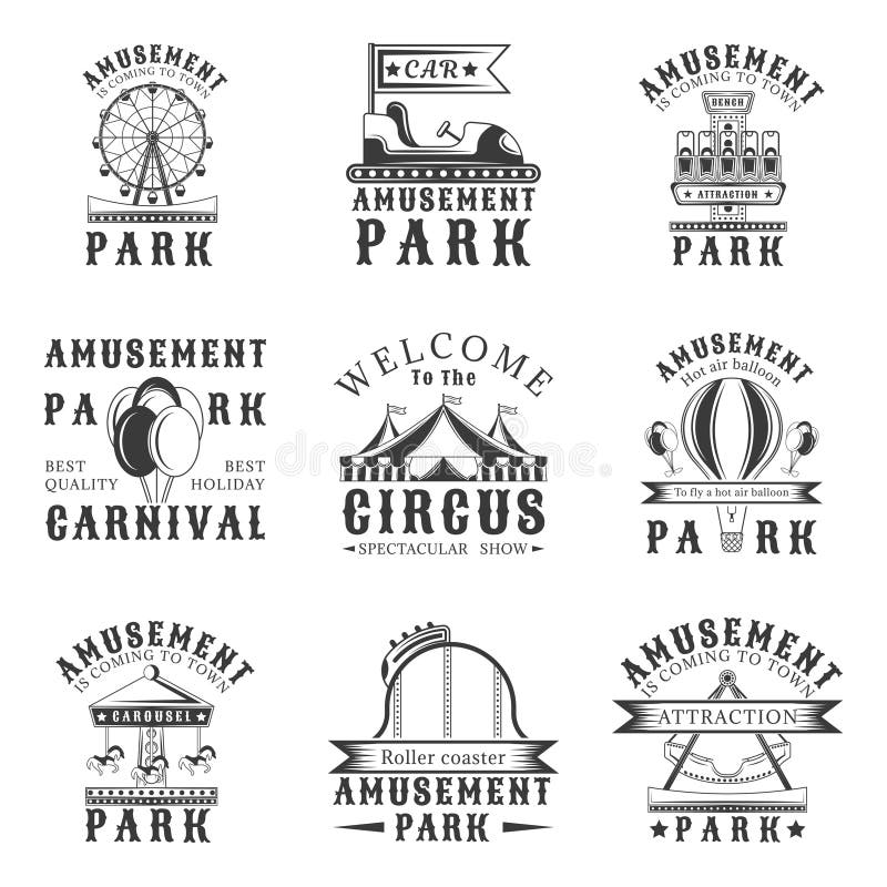 Amusement Park Set of Vector Vintage Emblems, Labels, Badges, Logos ...