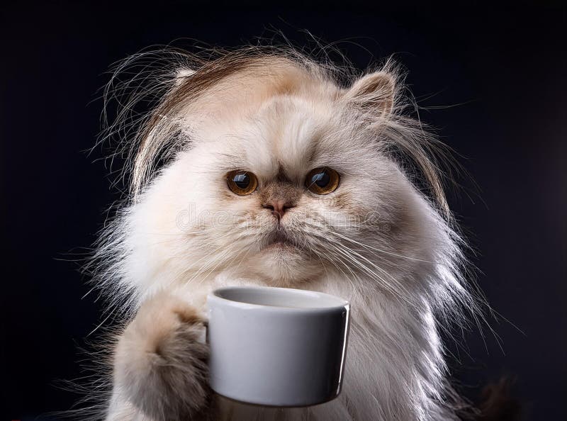 Grumpy White Persian Cat with Messy Hair Holding a Coffee Cup Stock ...