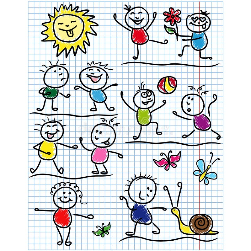 Amusing Scenes with Sun and Kids Figures Stock Vector - Illustration of ...