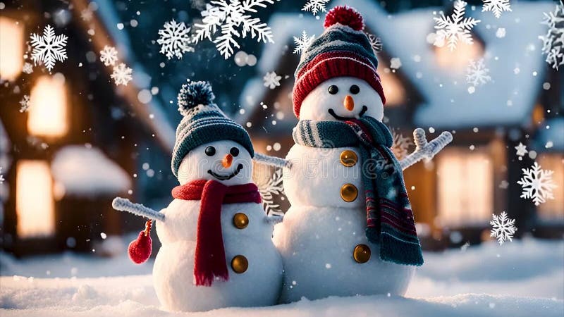 Amusing Snowman Standing in Front Falling Snow on in Christmas Scenery ...