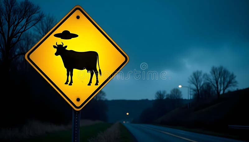 Amusing Traffic Sign Warning of Cattle Abduction by UFO Funny Gag Bull ...