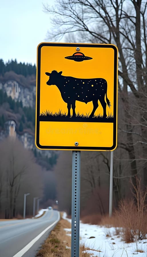 Amusing Traffic Sign Warning of Cattle Abduction by UFO Funny Gag Bull ...