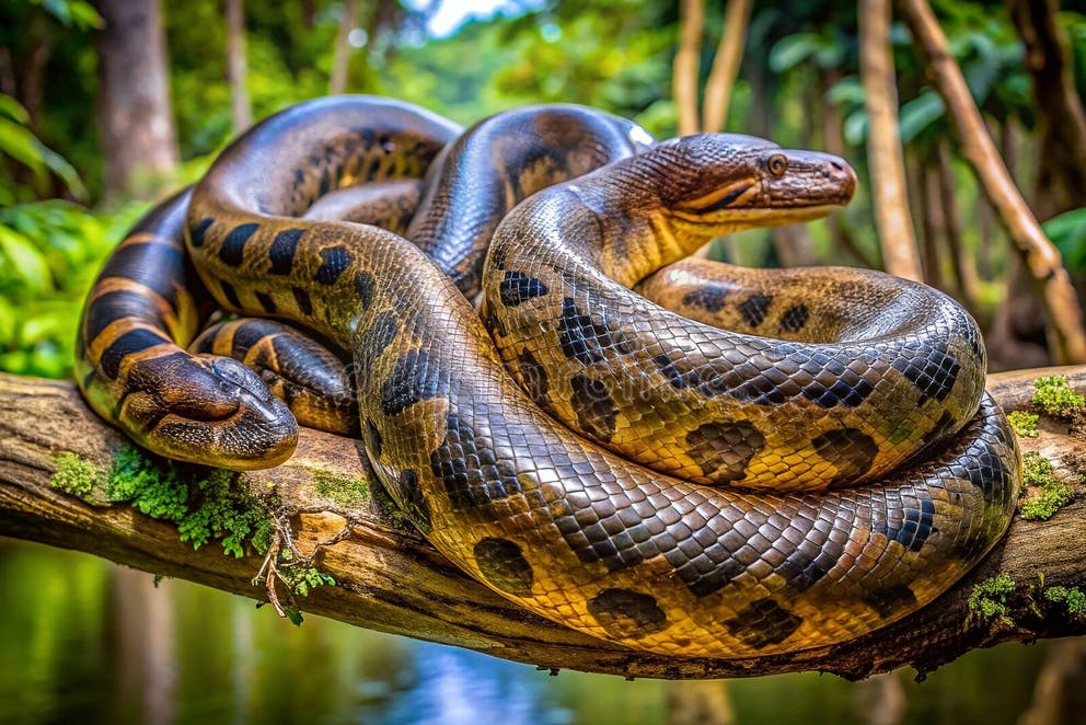 Anaconda Coiled on Branch Over Stream in Rainforest Stock Illustration ...