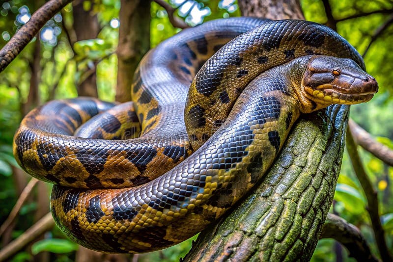 Anaconda Coiled on Jungle Tree Branch Stock Illustration - Illustration ...