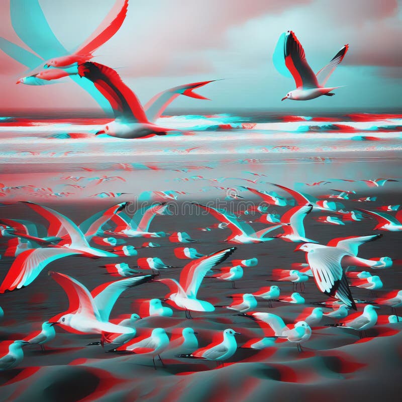 Anaglyph D of Seagulls Flying Red and Blue Outlines Grey Beach B Stock ...