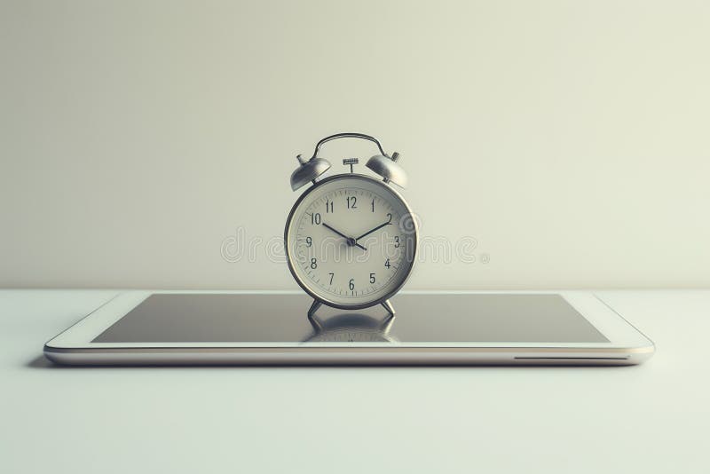 An Analog Alarm Clock Stands on a Digital Tablet, Symbolizing Screen ...