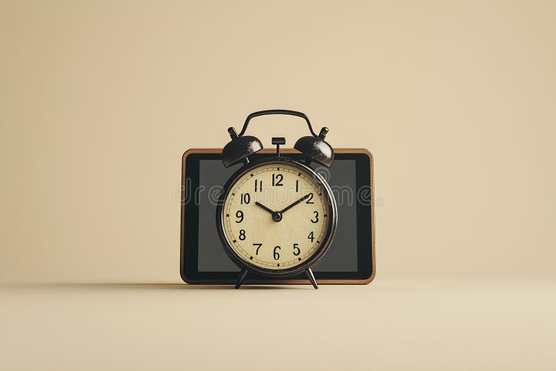An Analog Alarm Clock Stands Near a Digital Tablet, Symbolizing Screen ...