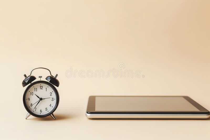An Analog Alarm Clock Stands Near a Digital Tablet, Symbolizing Screen ...