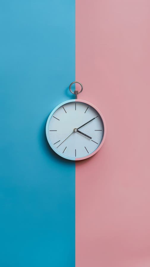 Analog Clock on Blue and Pink Background, Contrasting Color Concept ...