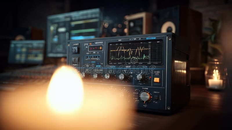 Analog Mastering Console with Display Showing Audio Waves in a ...