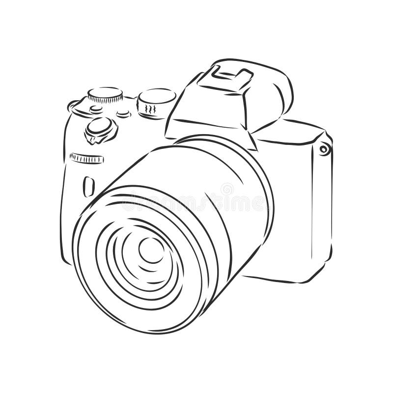 Analog Photo Camera Sketch Drawing Isolated on White Background. Camera ...