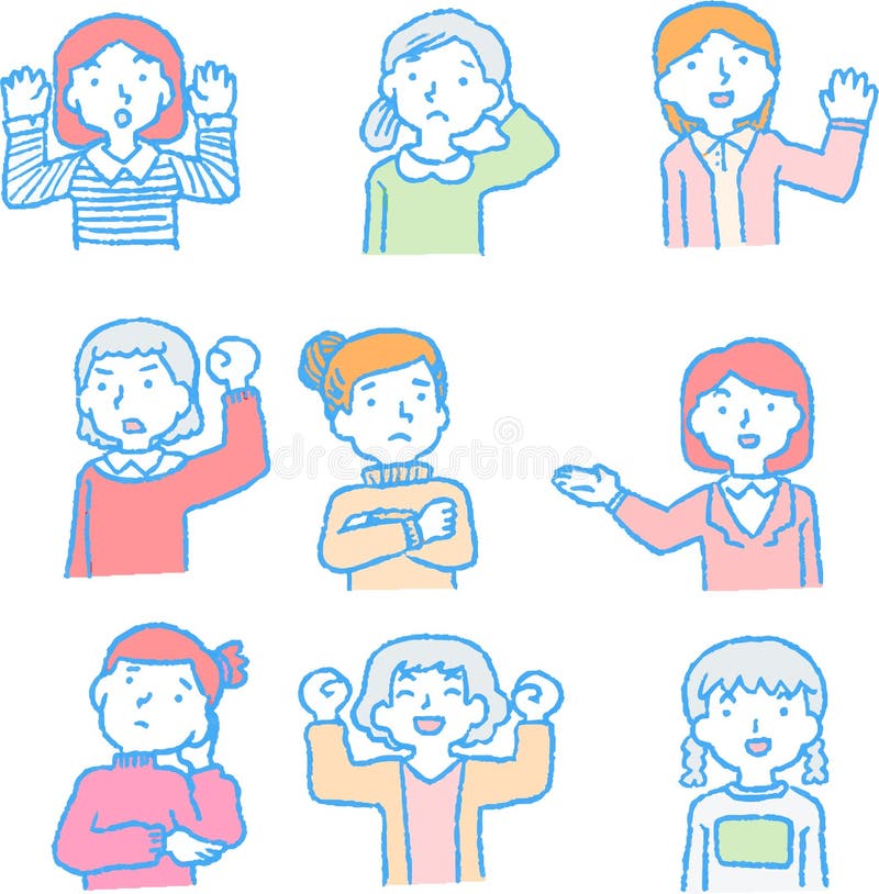 Analog-style Pop Illustrations of Women Emotional Expression Set Stock ...