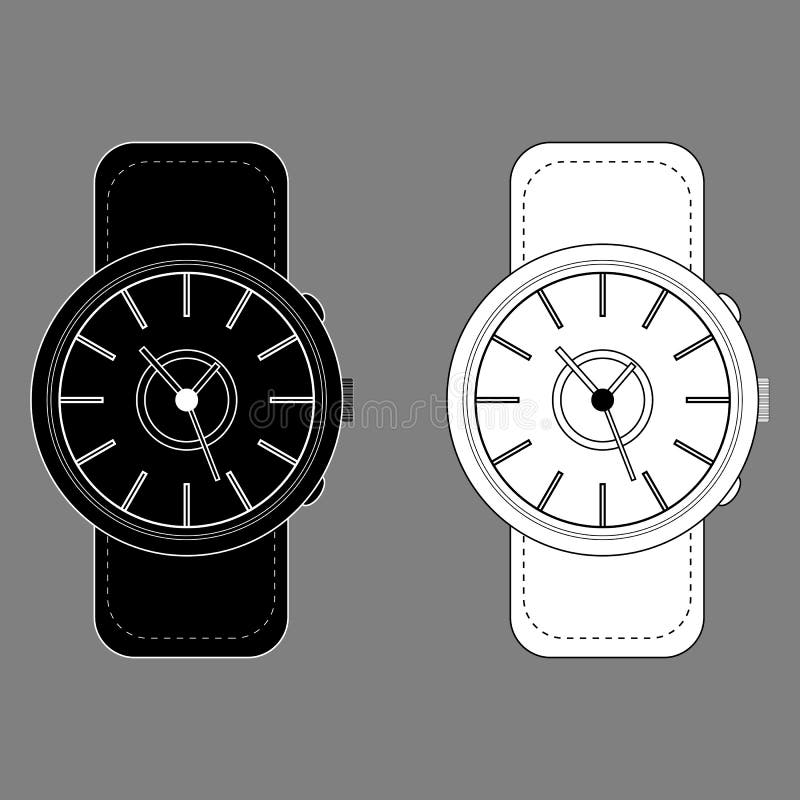 Analog Watch with 3 Buttons Black White Outline Stock Illustration ...