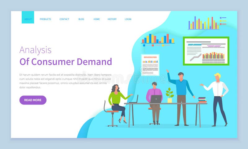 Analysis of Consumer Demand Website Vector. Workers with Laptop Discuss ...