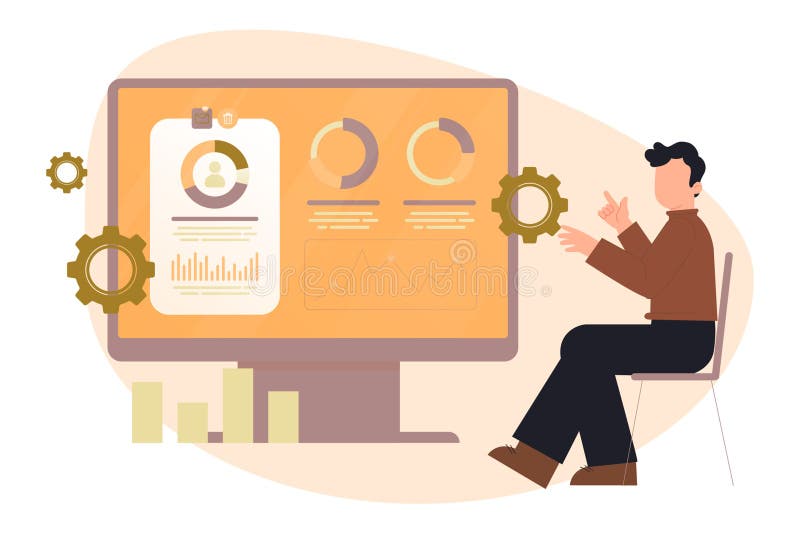 A Person Sitting on a Chair Points at a Large Computer Monitor Displaying Data Analysis Stock ...