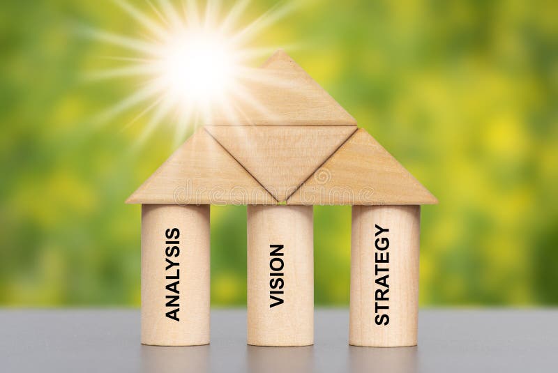 Analysis, Vision and Strategy Printed on Wooden Pillars Stock Image ...