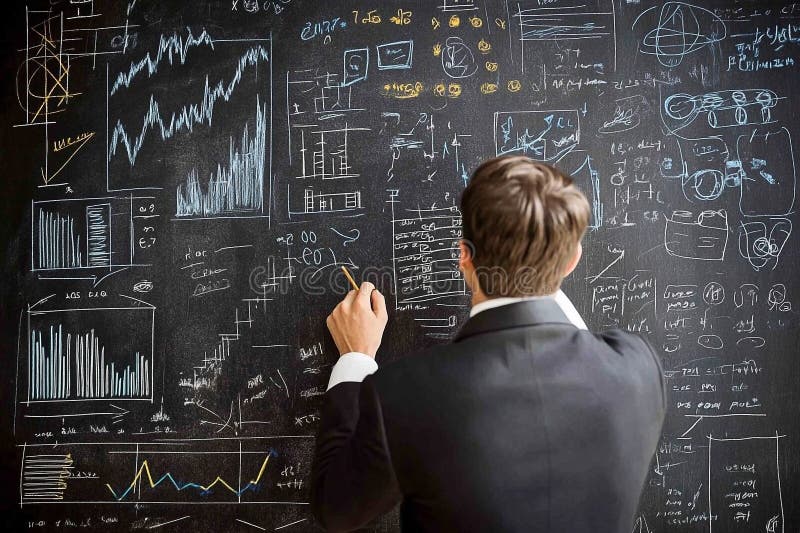 Analyst Brainstorming Strategies on a Chalkboard Filled with Complex ...