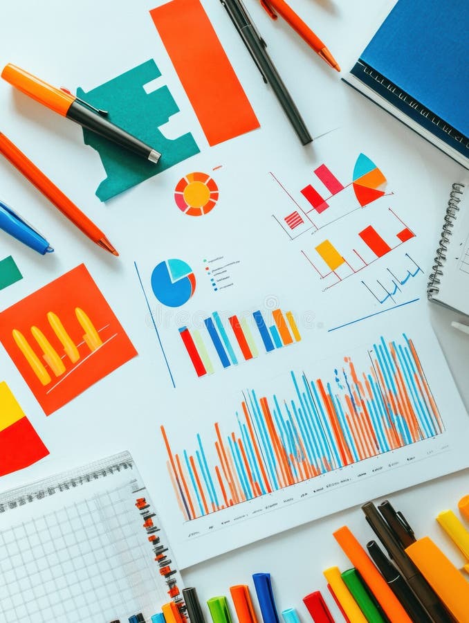 Analyst Desk Flat Lay Featuring Flags, Markers, Infographics, and a ...