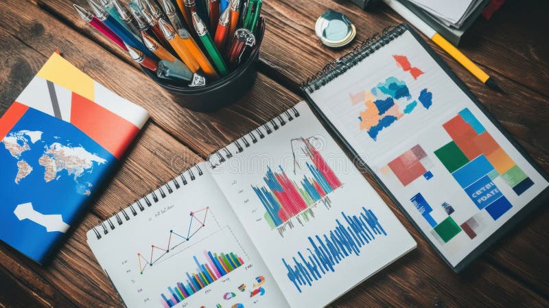 Analyst Desk Flat Lay with Infographics, Flags, and Notebooks ...