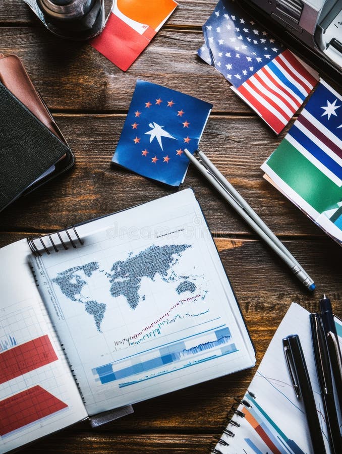 Analyst Desk with Political Infographics, Flags, and Tools for Research ...