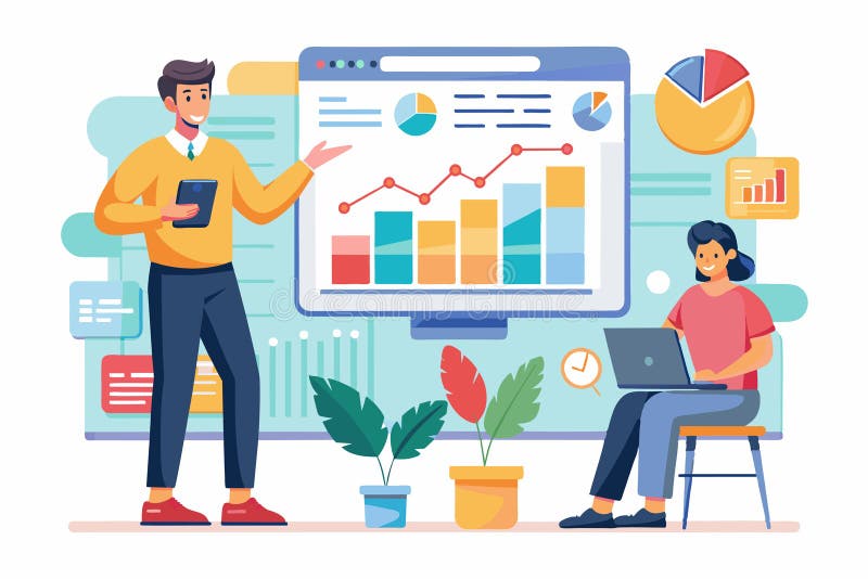 An Analyst Discusses Data Trends while a Colleague Works on a Laptop ...