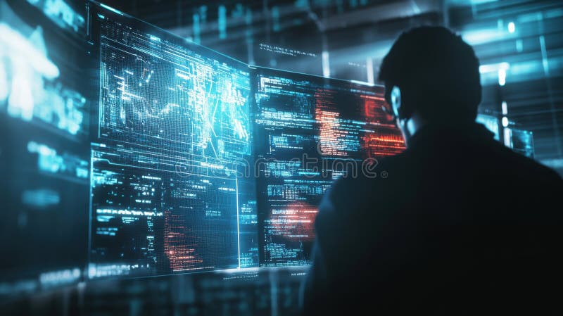 Analyst Examining Complex Data on Digital Screens Stock Illustration ...