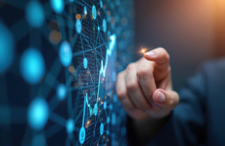 Analyst Hand Touches Growing Business Graph Icon on Network Structure, Analyzing Efficiency ...