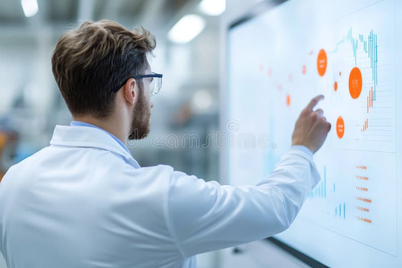 Analyst Interacts with Data on Touchscreen in Modern Lab Environment ...