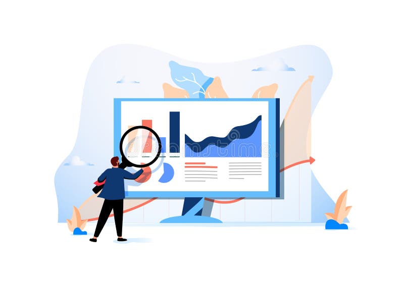 Analyst with Loupe Looking at Diagram or Trend on Computer Screen ...