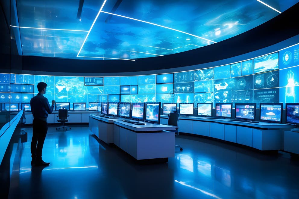 Analyst Monitoring and Analyzing Data Streams in Real-time. High-tech Analytics Room. Multiple ...