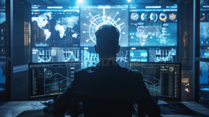 Analyst Monitoring Data On Multiple Screens At Night Stock Image