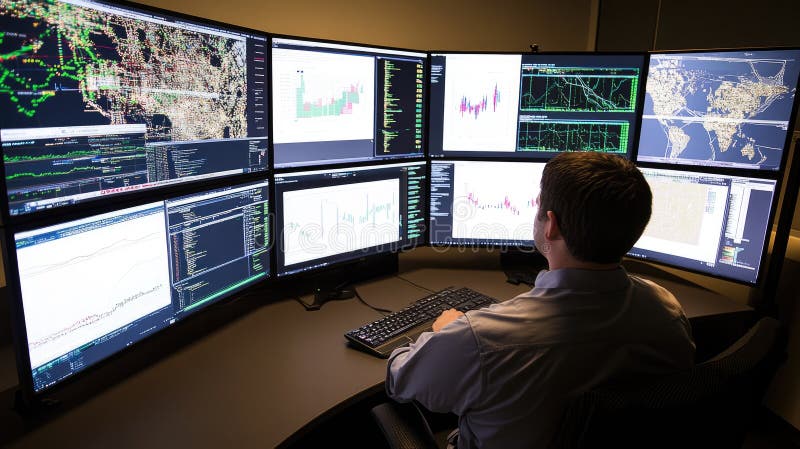 Analyst Monitoring Data on Multiple Screens. Tech, Coding, Charts, Maps in View. Modern ...