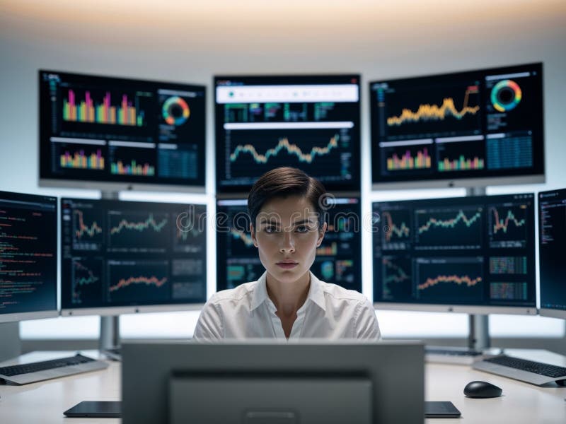 Analyst Monitoring Multiple Data Screens In A Network Operations Center Stock Image Image Of