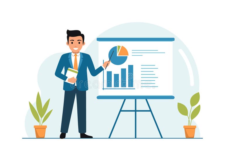 Analyst Office Worker Stands in Front of a Banner and Conducts Analysis ...