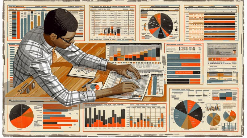 Analyst Reviewing Data Charts and Graphs in an Office Stock ...