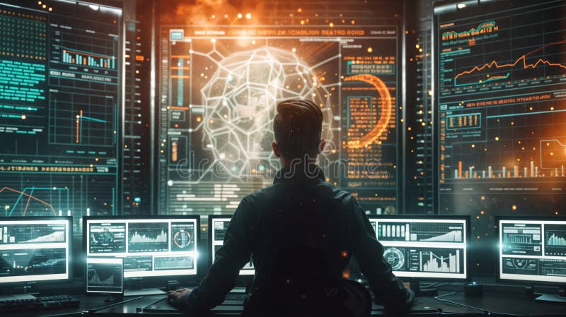 Analyst Reviewing Data on Multiple Screens Stock Illustration ...