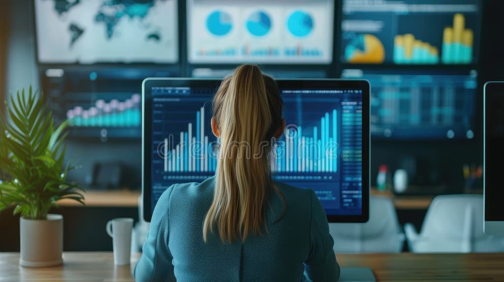 An Analyst Sitting in Front of Multiple Computer Screens, Immersed in ...