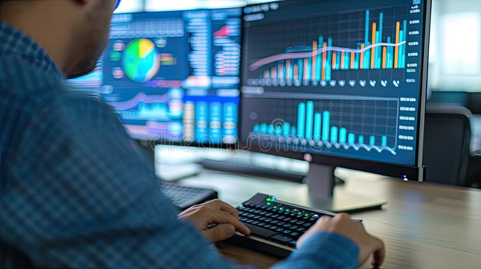 An Analyst Sitting in Front of Multiple Computer Screens, Immersed in ...