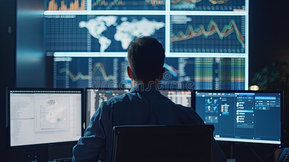 An Analyst Sitting in Front of Multiple Computer Screens, Immersed in ...