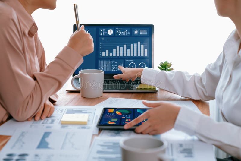 Analyst Team Colleague Discuss Financial Data on Digital Dashboard ...
