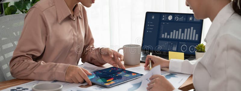 Analyst Team Colleague Discuss Financial Data on Digital Dashboard ...
