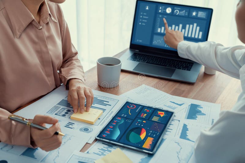 Analyst Team Colleague Discuss Financial Data on Digital Dashboard ...