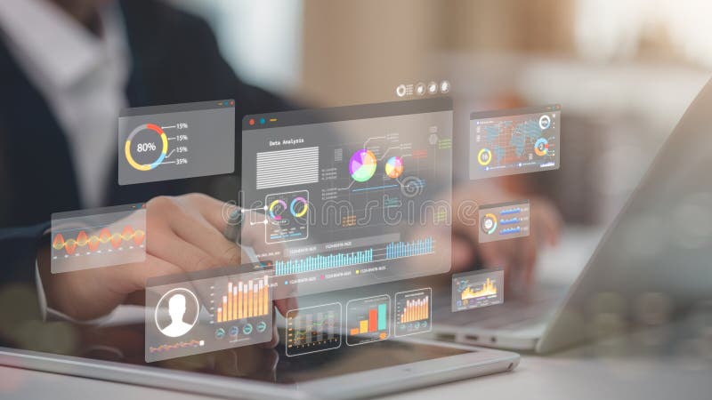 An Analyst Uses a Computer and Dashboard for Data Business Analysis and a Data Management System ...