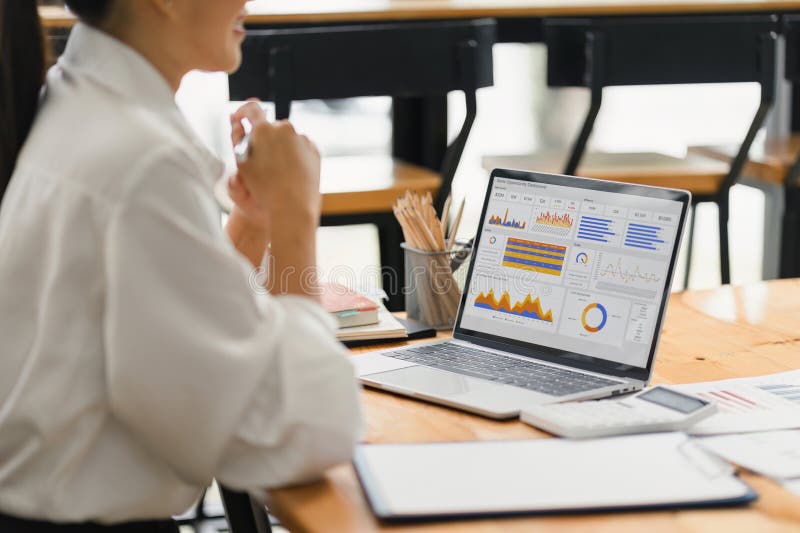 Analyst Woman Working with Information Database To Analyze Marketing ...