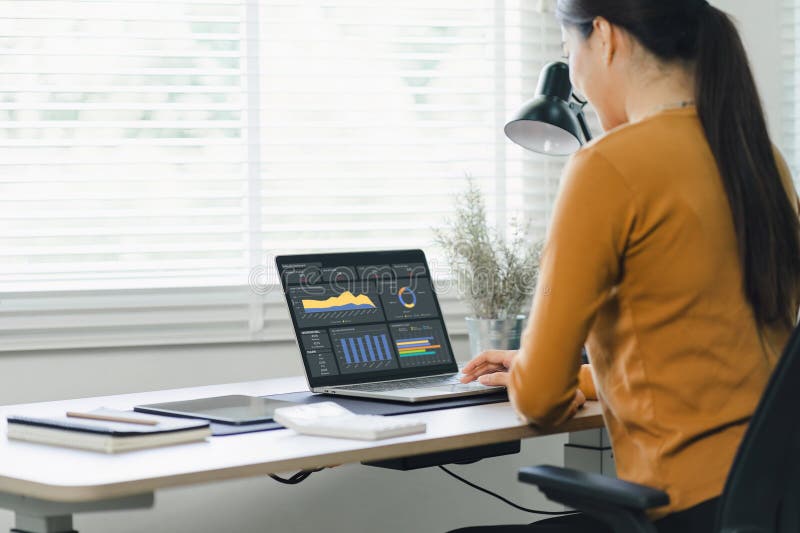 Analyst Woman Working with Information Database To Analyze Marketing ...