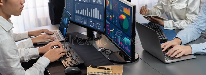 Analyst Working on BI Dashboard on Computer Monitor. Trailblazing Stock ...