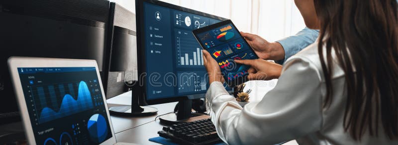 Analyst Working on BI Dashboard on Computer Monitor. Trailblazing Stock ...