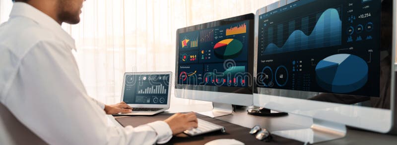 Analyst Working on Data Analysis BI Dashboard on Computer Monitor ...