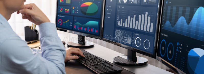 Analyst Working on Data Analysis BI Dashboard on Computer Monitor ...