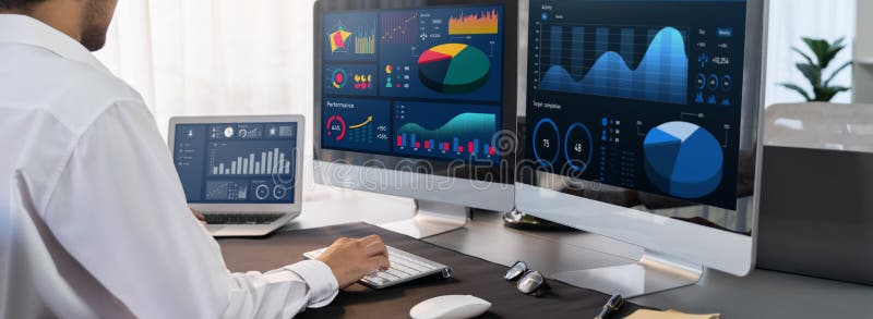 Analyst Working on Data Analysis BI Dashboard on Computer Monitor ...